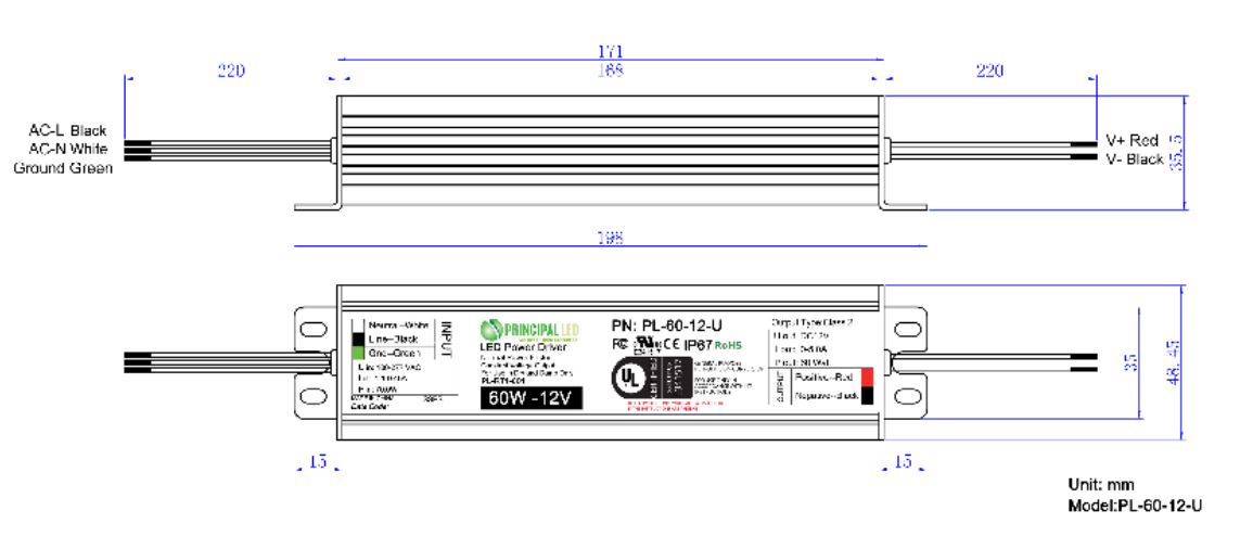 PL-60-12-U 60W 12V Universal Constant Voltage Power Supply by Principal LED
