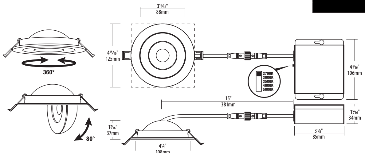 4" ORBIT Color Selectable 9W Rotatable Gimbal Recessed Fixture by Liteline