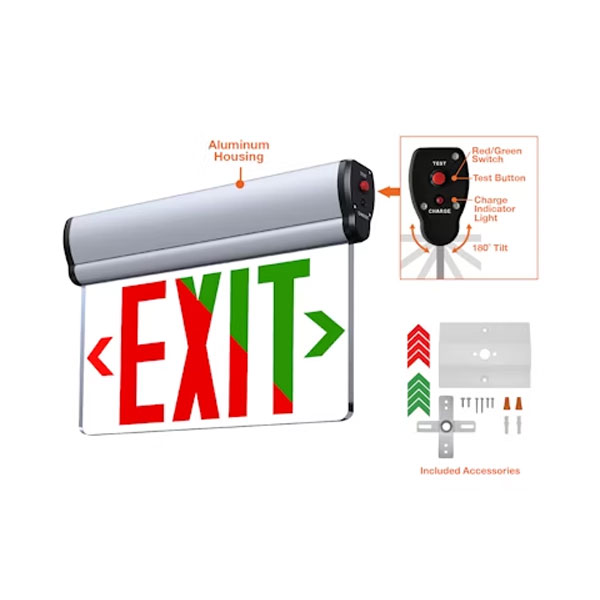 3W LED Emergency Exit Sign, Edge Lit, Red/Green Selectable, Single ...